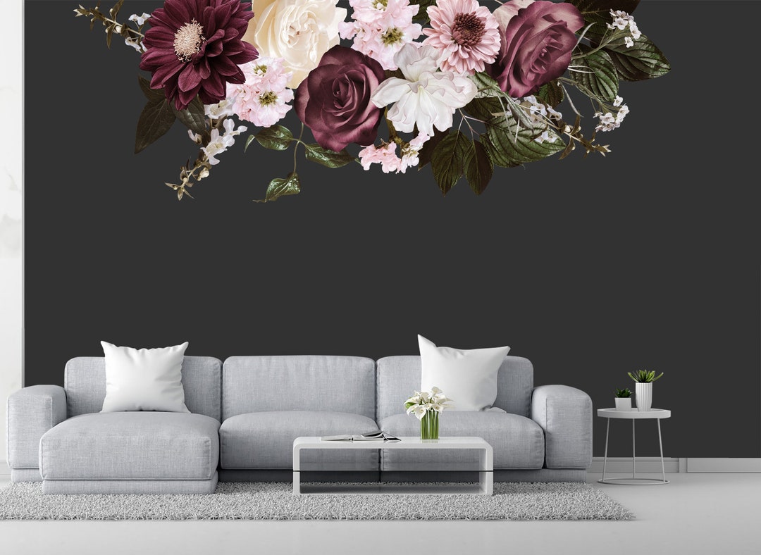 Vintage Burgundy Floral Wall Decal Set Peony Rose Fabric Sticker for ...