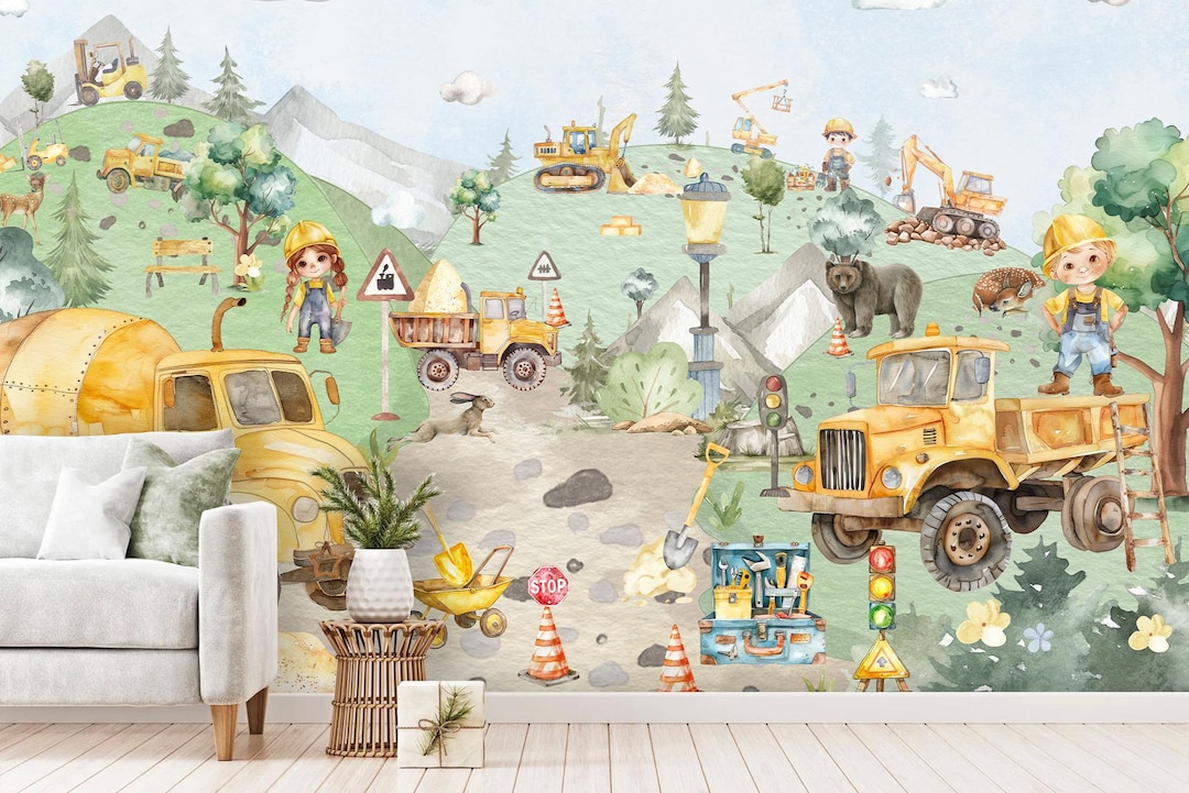 Construction Site Kids Wallpaper | Watercolor Building Theme Mural for ...