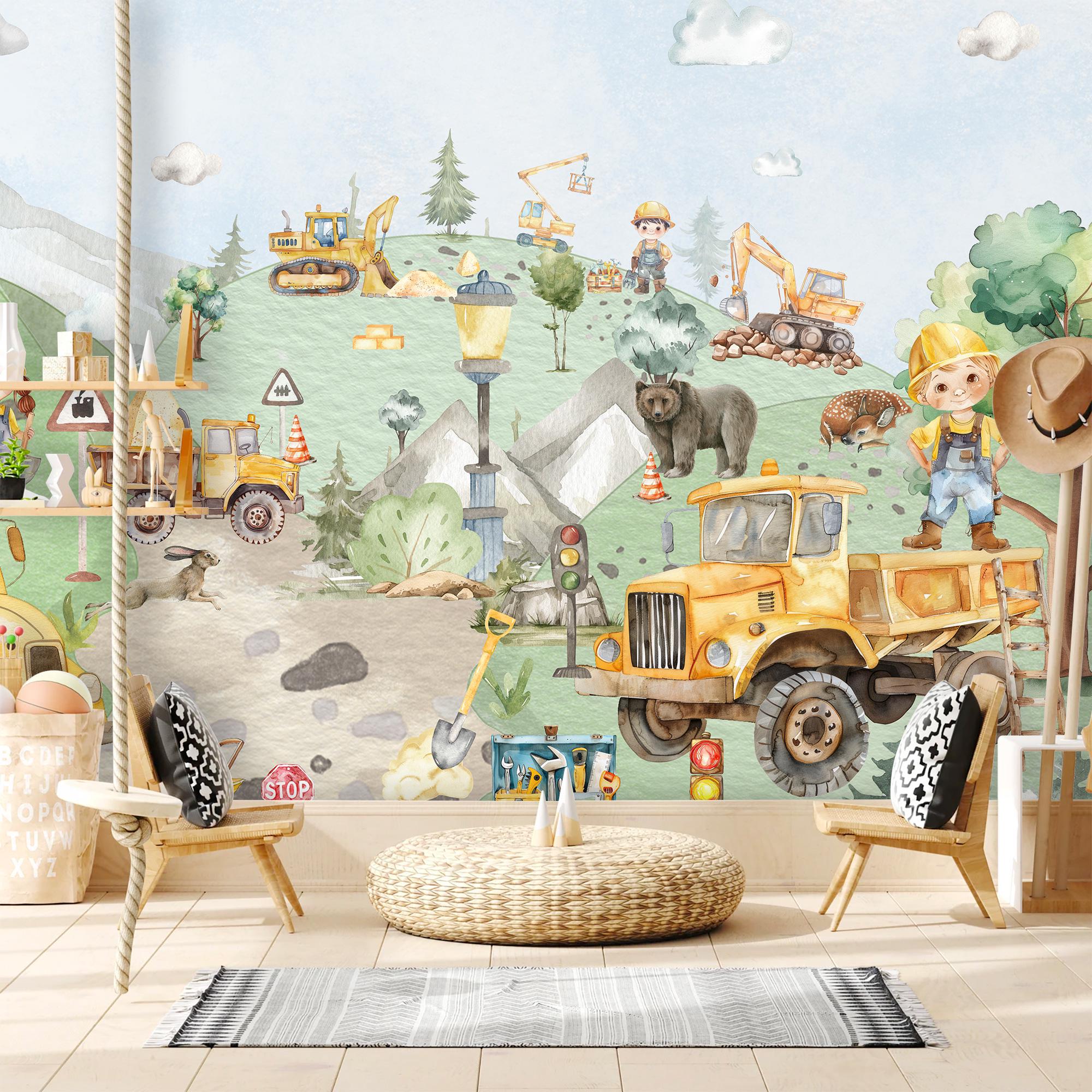 Construction Site Kids Wallpaper | Watercolor Building Theme Mural for ...