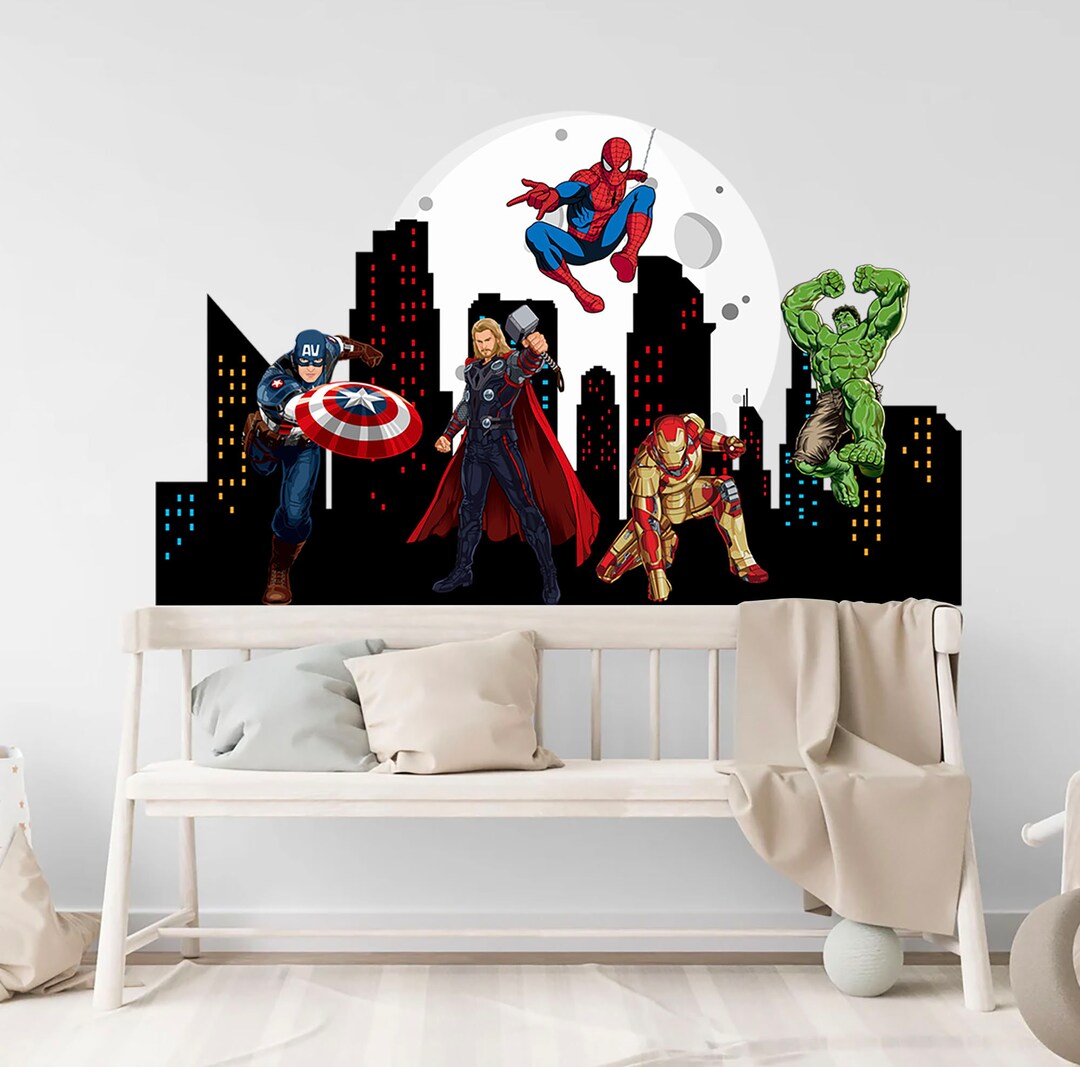 Marvel Heroes Epic Cityscape Wall Decal Spiderman Iron Man Hulk Boys ...