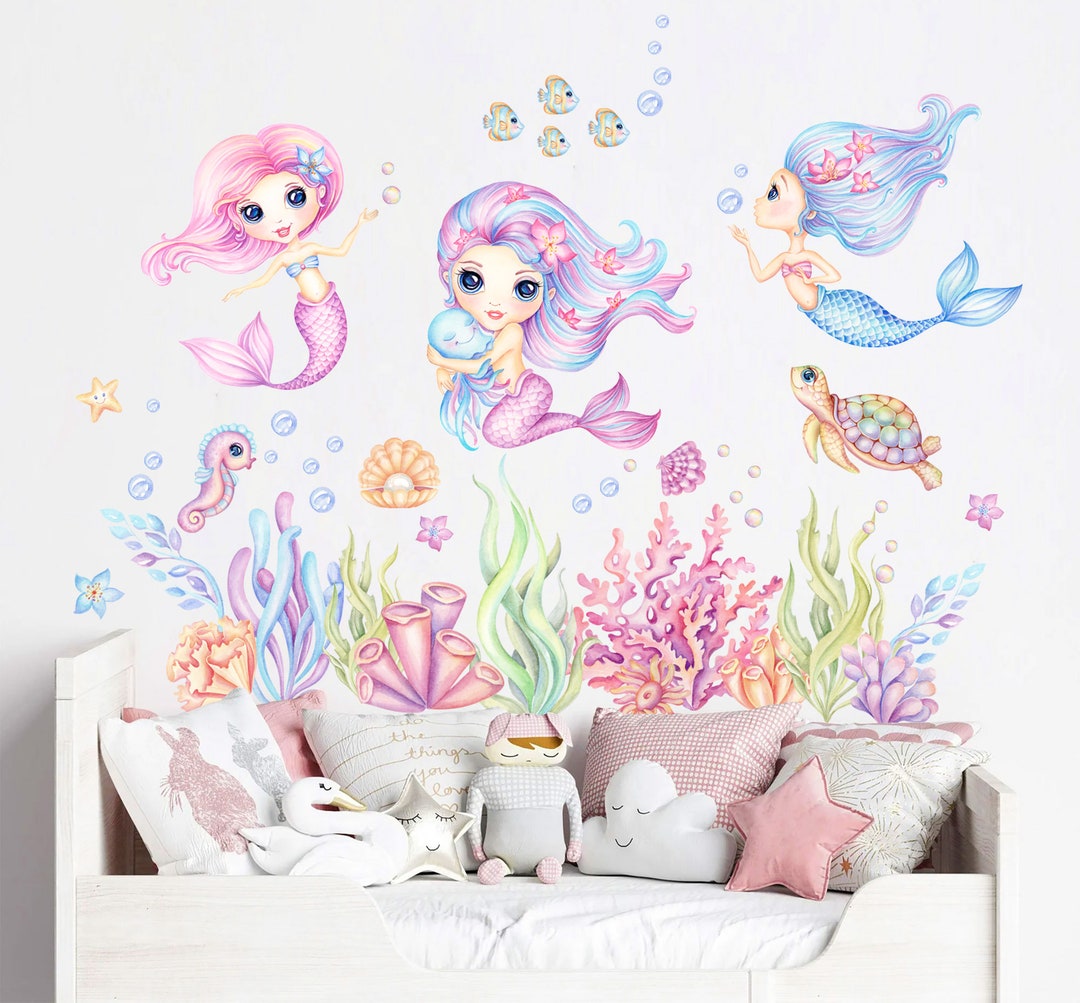 Mermaids Underwater Adventure Wall Decal - Seashells Coral Seahorse ...
