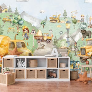 Construction Site Kids Wallpaper | Watercolor Building Theme Mural for ...