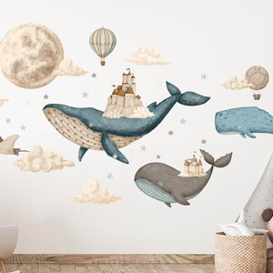 Castle on Whale Sky City Wall Decal - Dreamy Watercolor Kids Room Decor ...