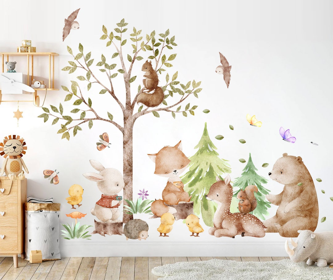 Forest Friends Cartoon Wall Decal - Bunny Squirrel Fox Deer Bear Chick ...