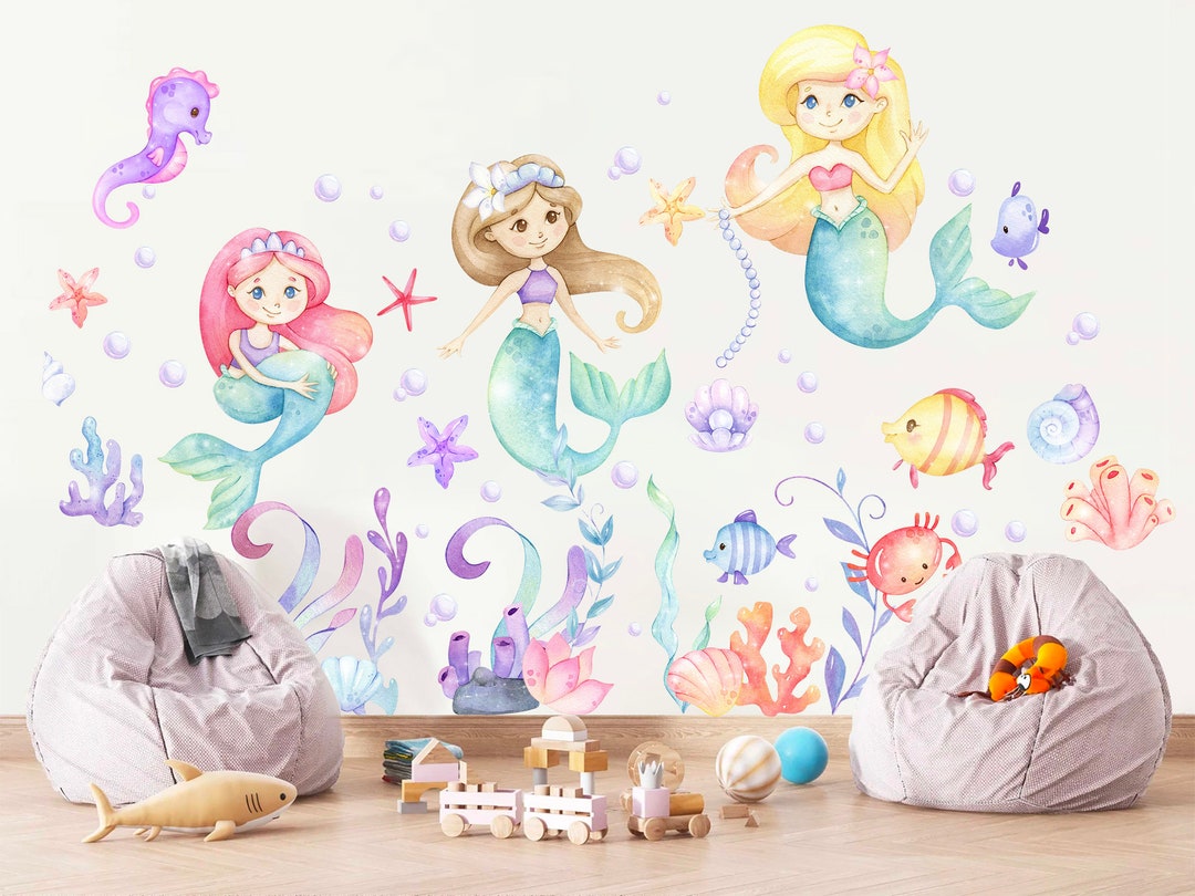 Mermaid Princess Watercolor Wall Decal - Playful Undersea Girls' Room ...
