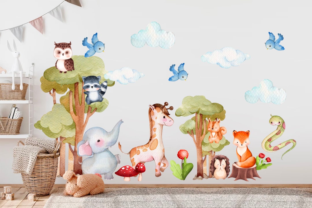 Forest Animals Gathering Wall Decal - Elephant, Giraffe, Tree Owl ...