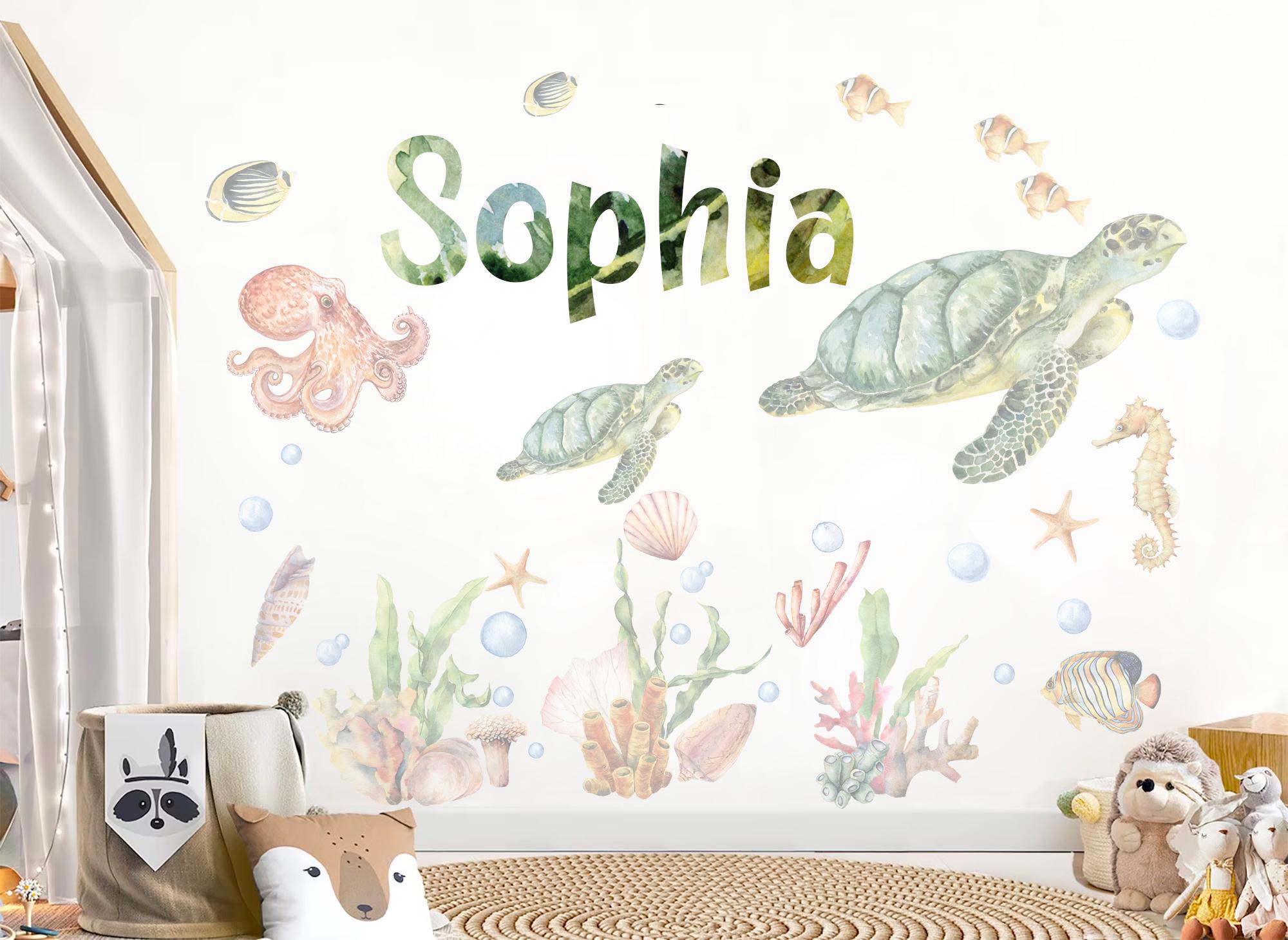 Custom Name Wall Decal – Watercolor Sea Turtle Theme Name Sticker ...
