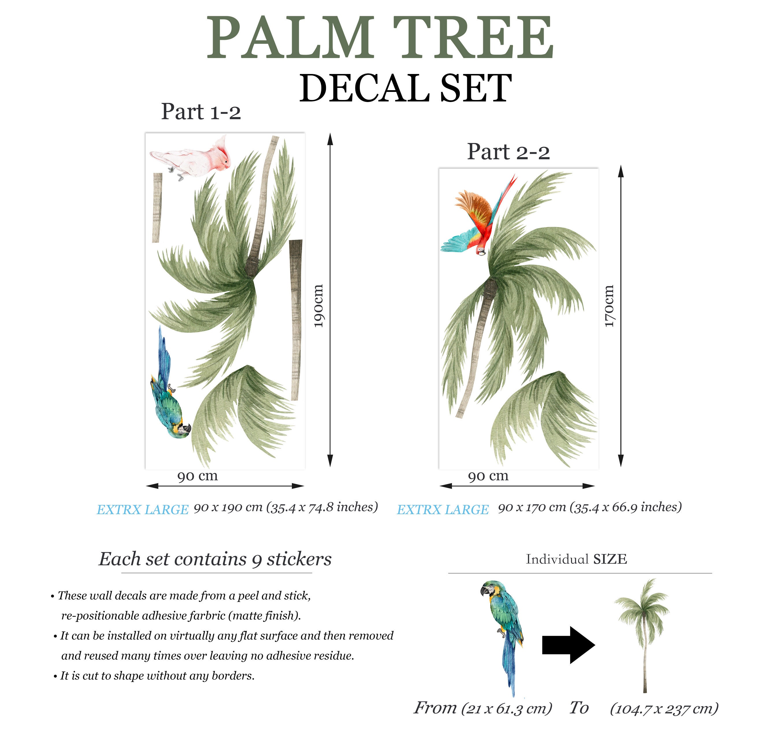 Tropical Coconut Trees With Parrots Wall Decal - Removable Peel and ...