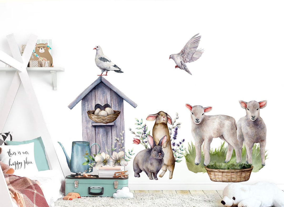 Watercolor Farm Friends Rabbit Pigeon Goat Removable Wall Decal - BR141 ...