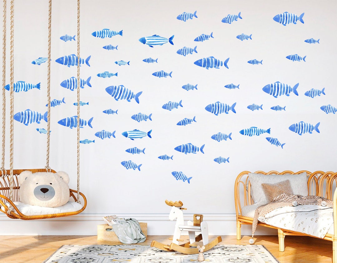 Watercolour School of Fish Kids Room Decal Wall Stickers - Peel & Stick ...