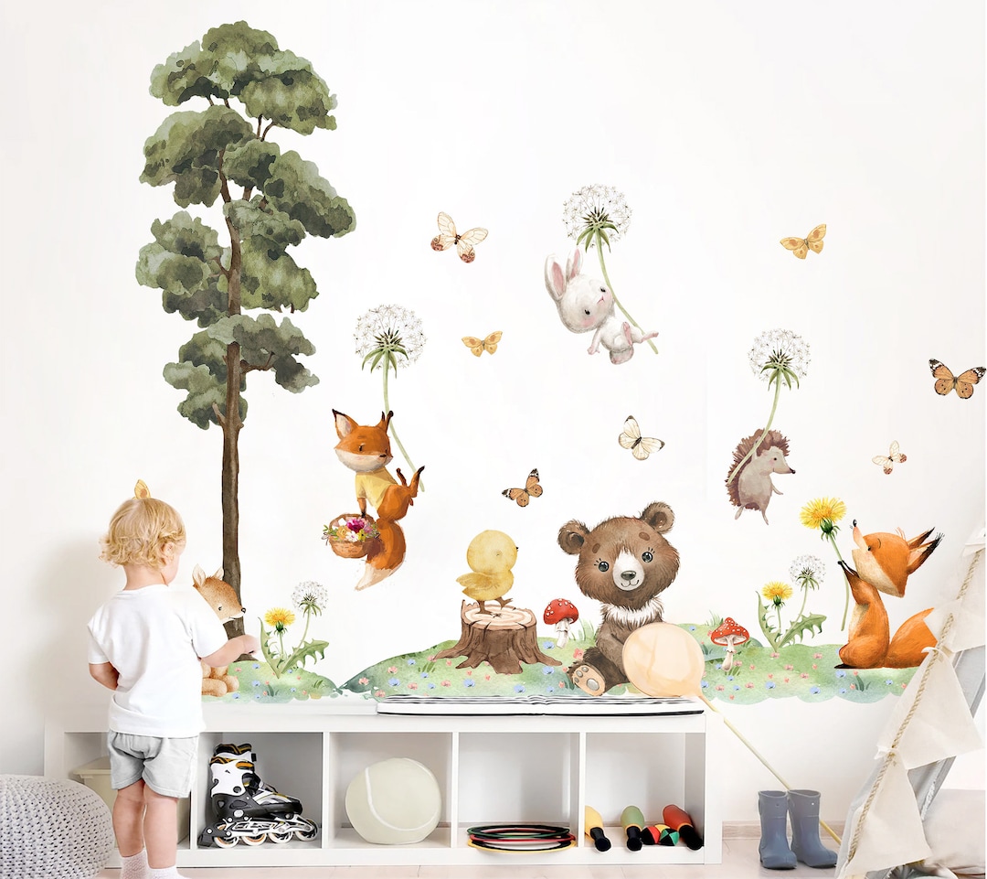 Dandelion Floating Animal Decal With Butterflies and Tree Wall Decal ...