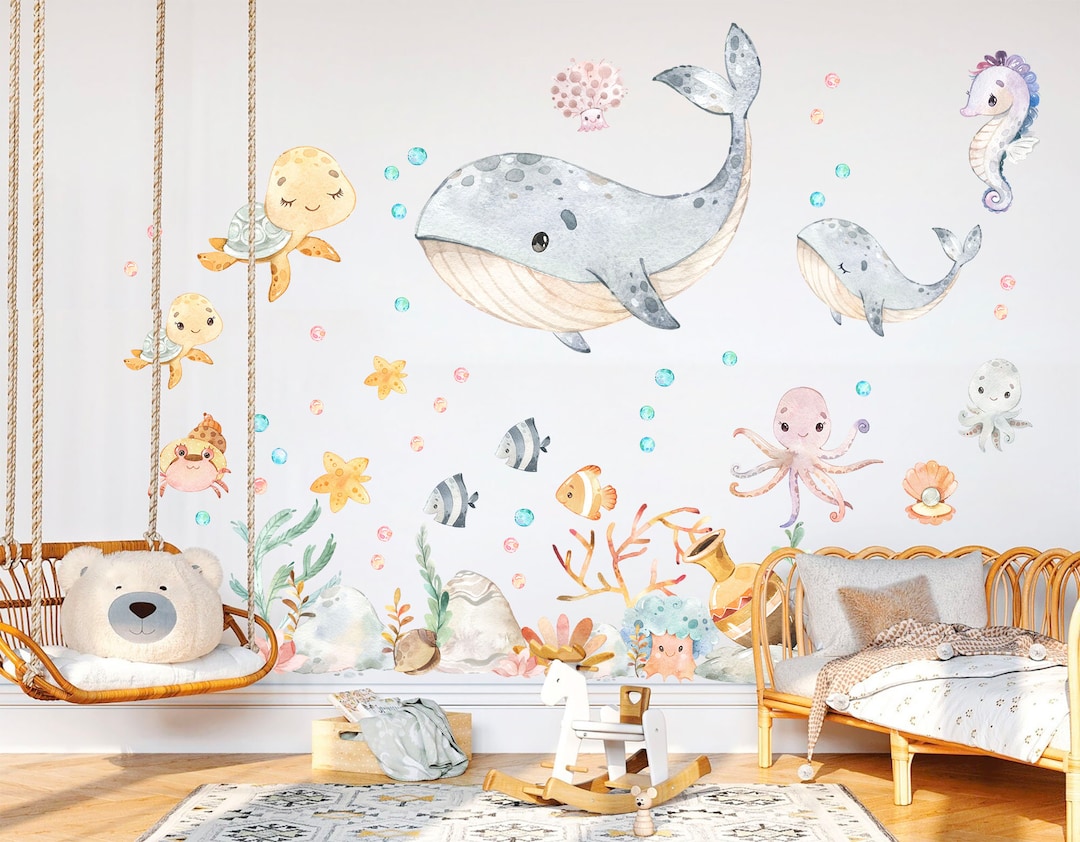 Ocean Babies Watercolor Wall Decal - Playful Sea Creatures for Girls ...