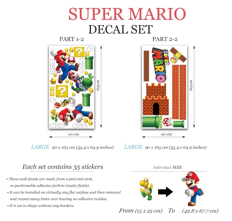 Super Mario Wall Decals for Kids Room – Removable Fabric Sticker Set ...