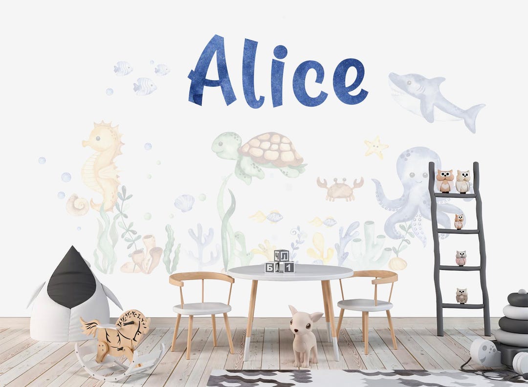 Custom Name Wall Decal – Watercolor Ocean Theme Letters – Personalized ...