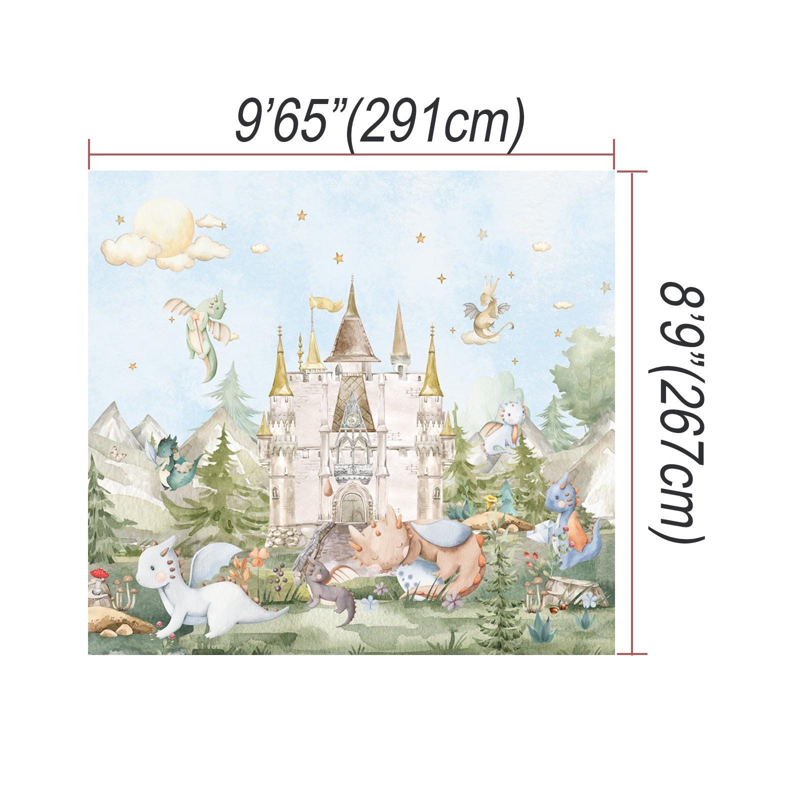 Fairy Tale Castle Wall Mural – Baby Dragon Nursery Wallpaper – Fantasy ...