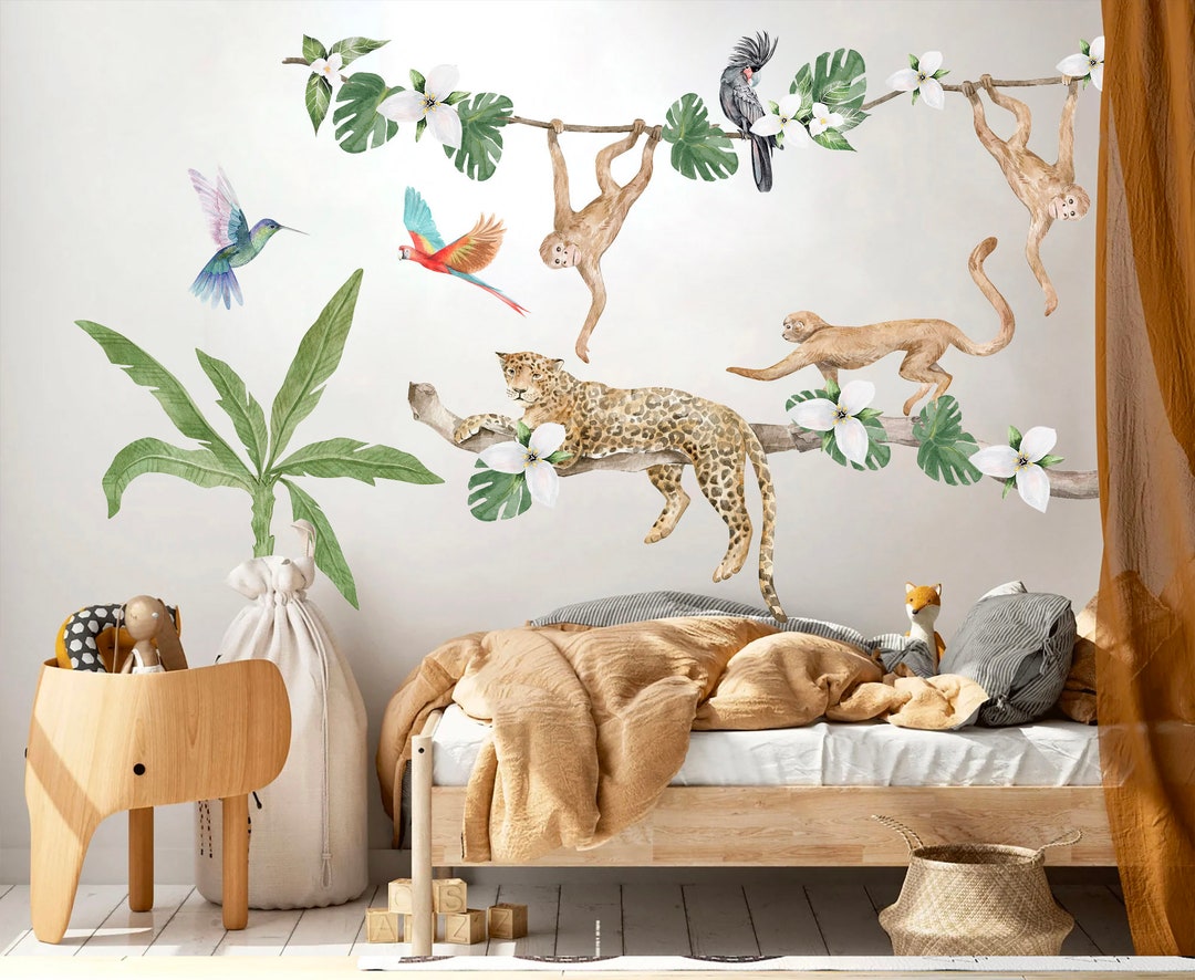 African Animals Tree Trunk Wall Decal - Leopard Monkey - Removable Peel ...