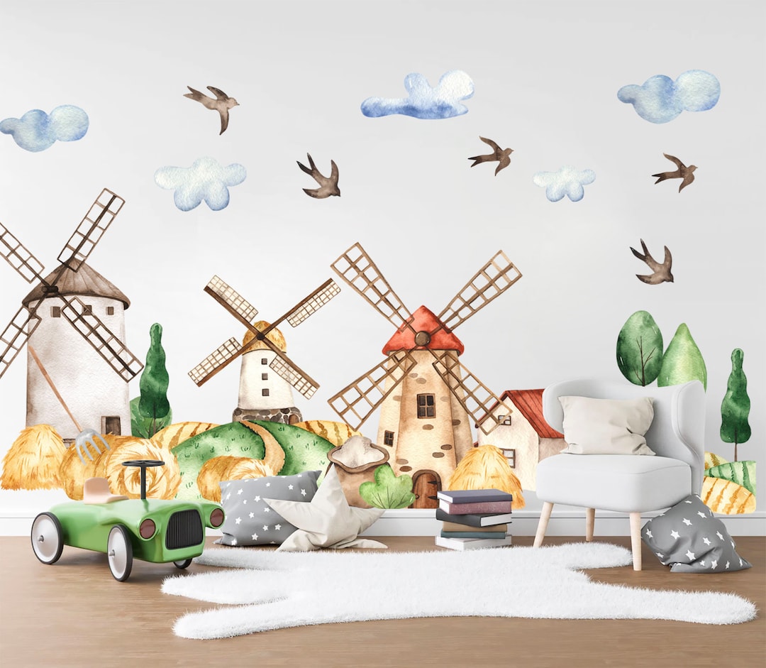 Rustic Countryside Farm Scene Removable Wall Decal - Windmill Good ...