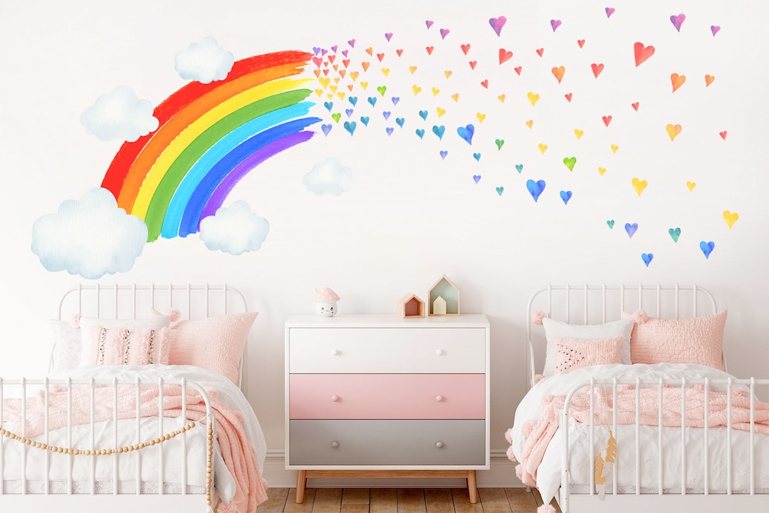 Rainbow Hearts Cloud Wall Sticker - Colorful Watercolor Decal for Kids ...