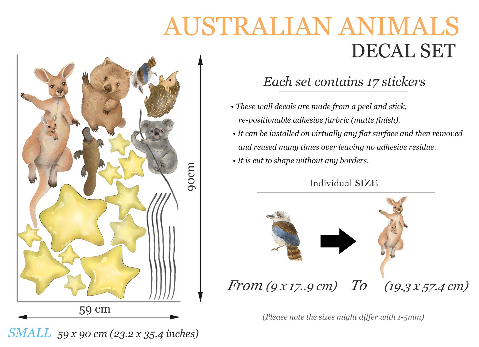Australian Animals Star Wall Decals, Koala Kangaroo Nursery Decor ...