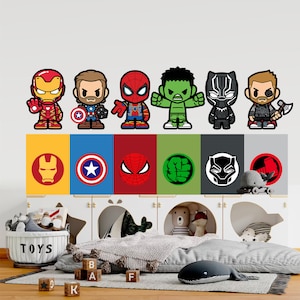 Marvel Superheroes With Logo Flags Wall Decal Spiderman Iron Man ...