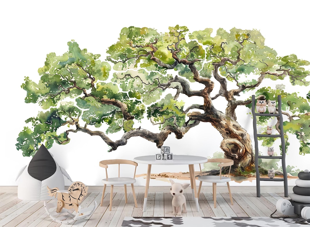 Watercolor Giant Tree Wall Decal – Large Ancestral Oak Tree Sticker ...