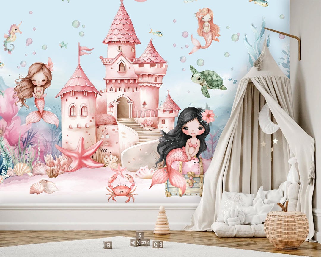 Pink Mermaid Castle Wallpaper – Underwater Princess Wall Mural for Girl ...