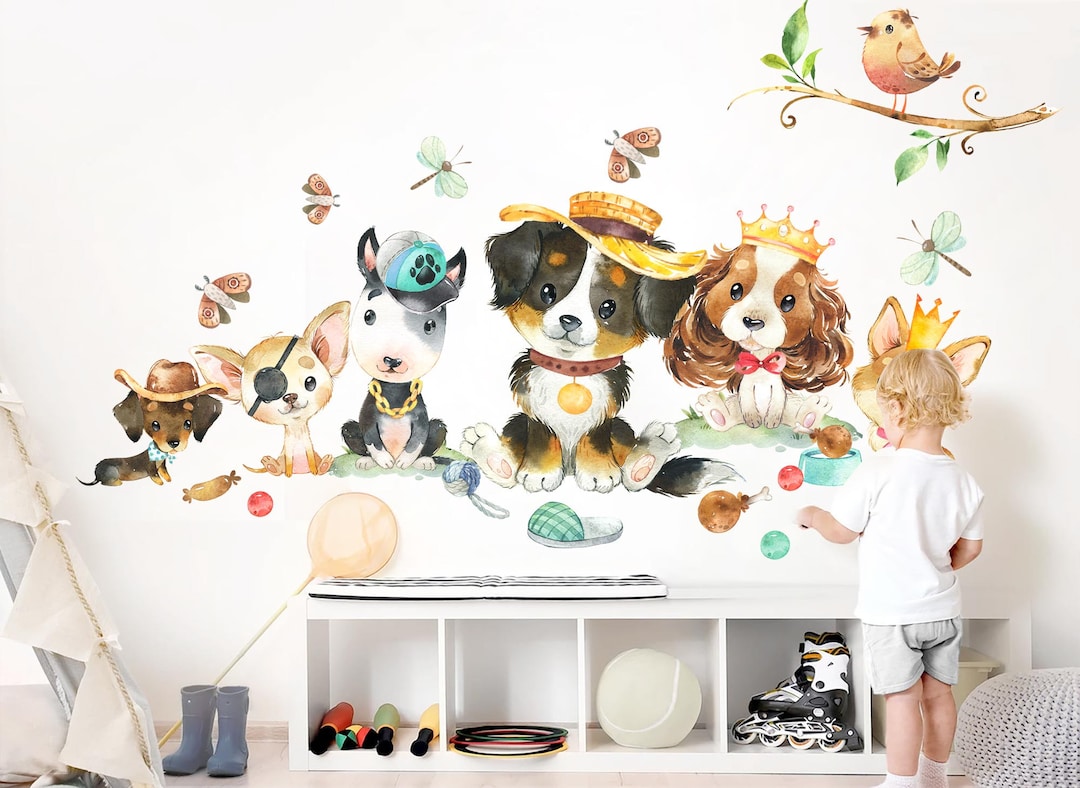 Adorable Watercolor Puppy Wall Decal - Cute Puppies Sitting on Grass ...