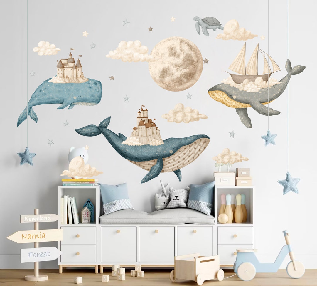 Whimsical Whale Sky Castle Wall Decal - Watercolor Moon Room Decor ...