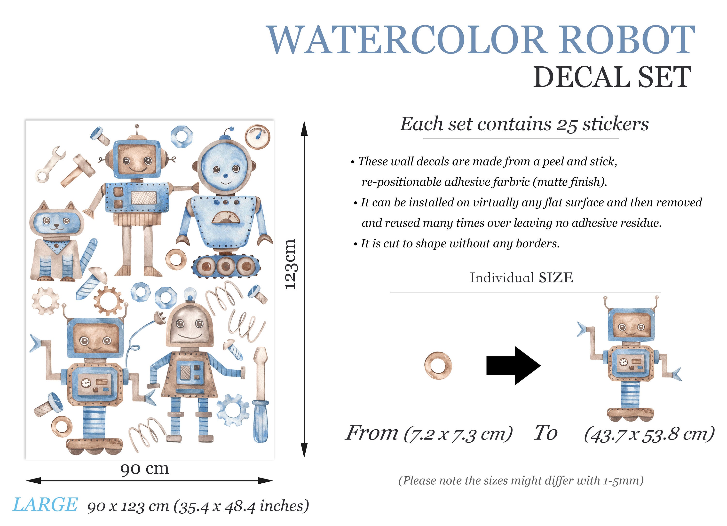 Watercolor Robot and Mechanical Cat Automation Removable Boys Wall ...