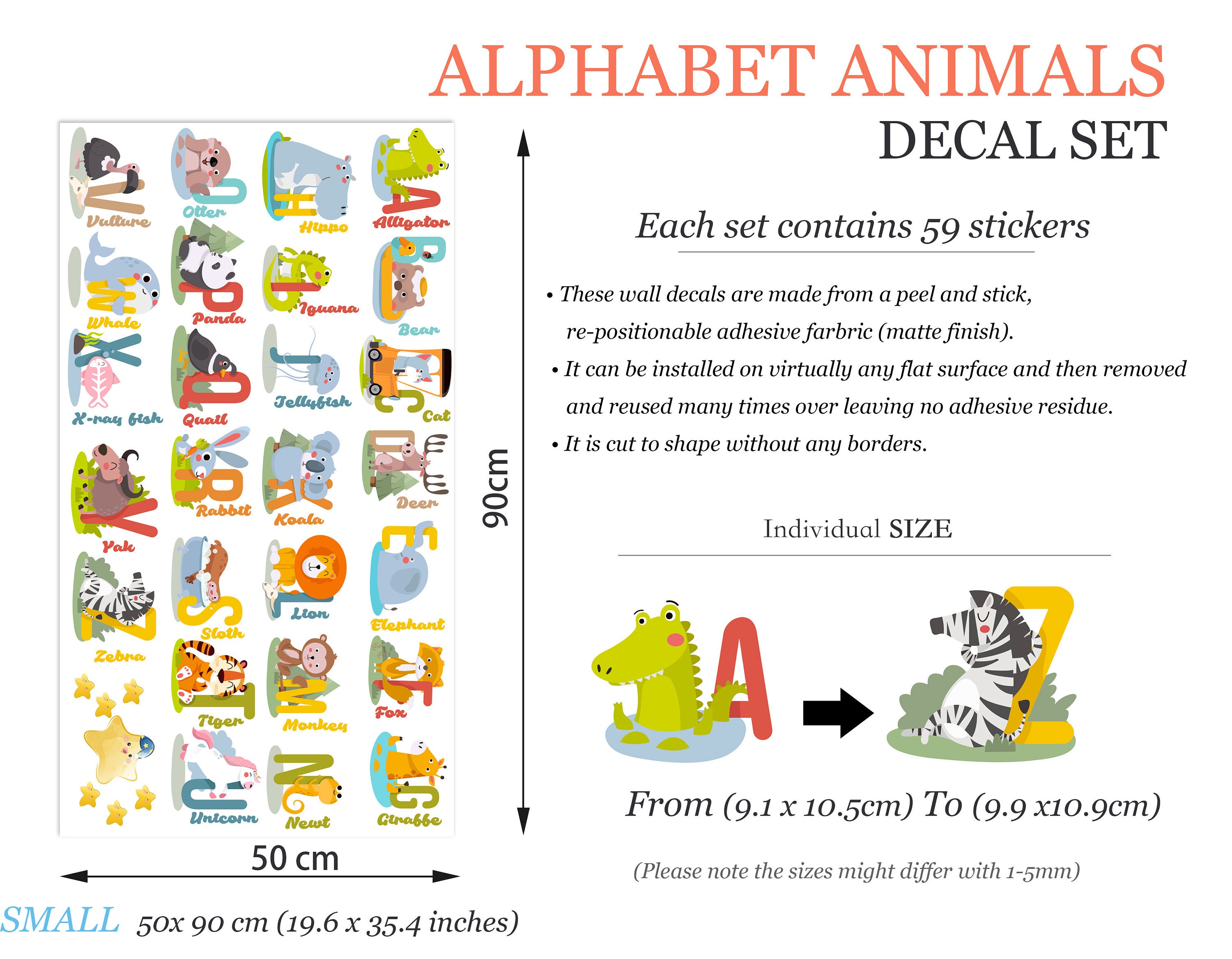 Whimsical ABC Alphabet Animals Wall Decal for Kids Room - Great Gift ...
