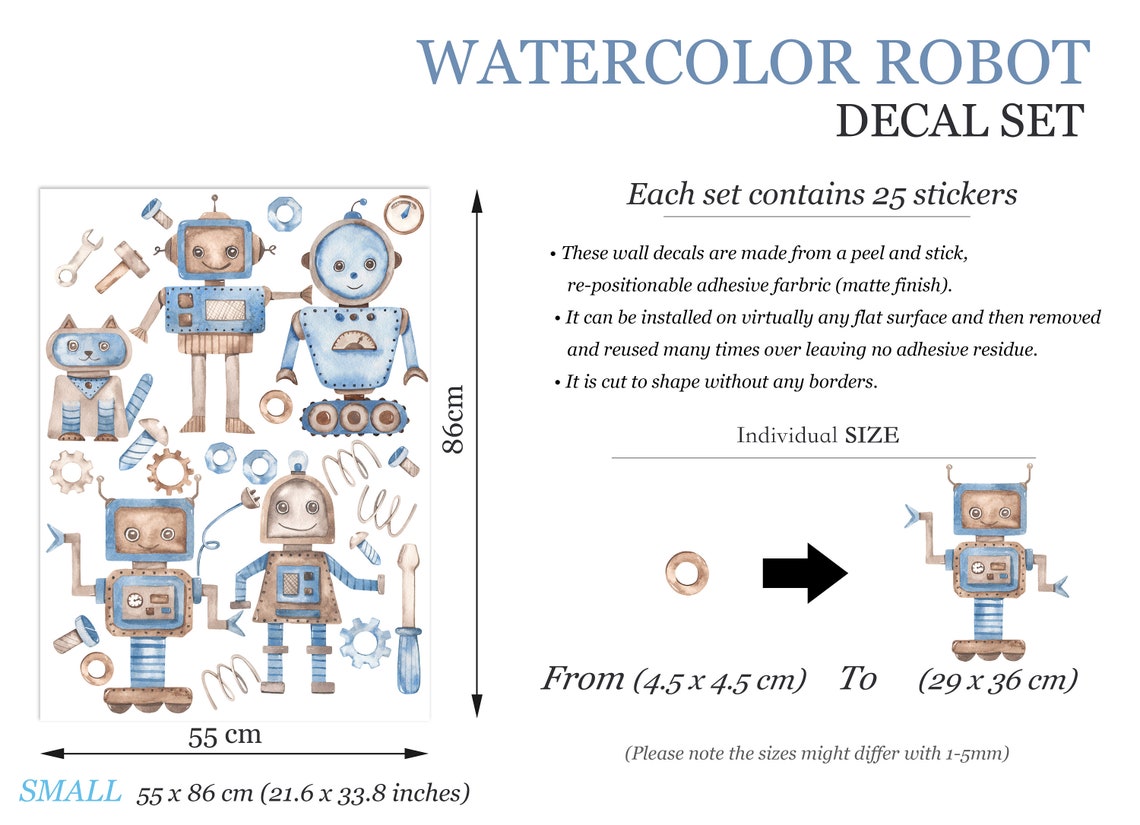 Watercolor Robot and Mechanical Cat Automation Removable Boys Wall ...