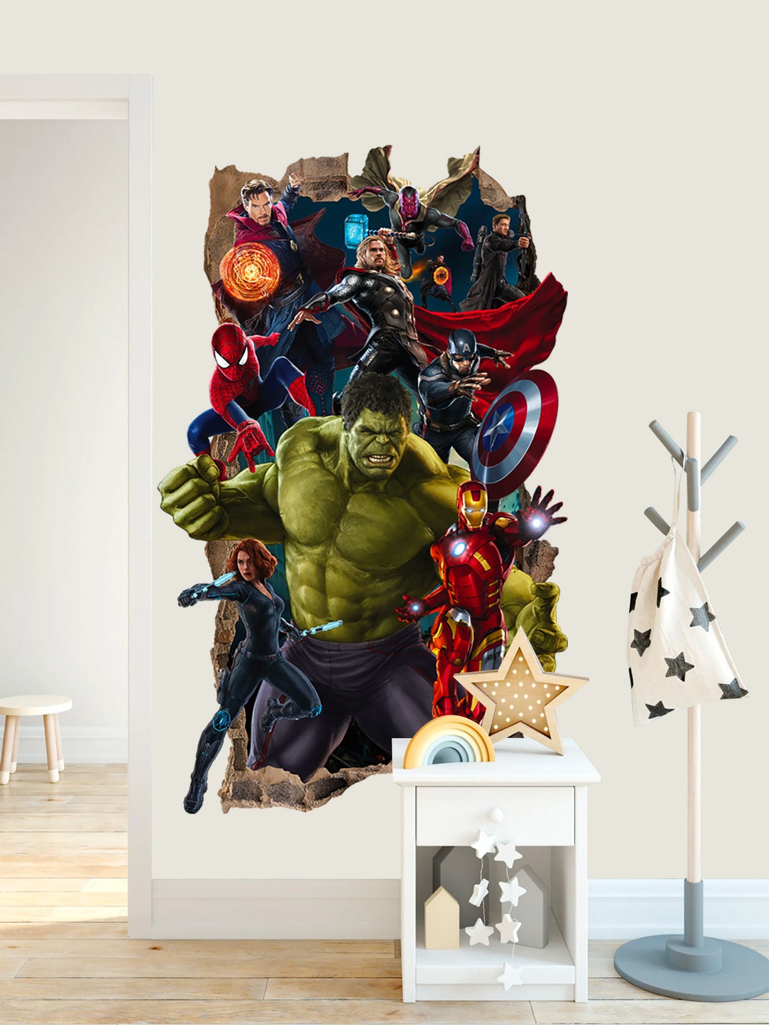 Marvel Superheros Breaking Out From Smashed Vertical Wall Decal - Hulk ...