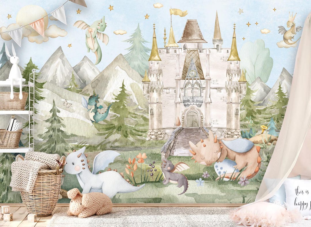 Fairy Tale Castle Wall Mural – Baby Dragon Nursery Wallpaper – Fantasy ...