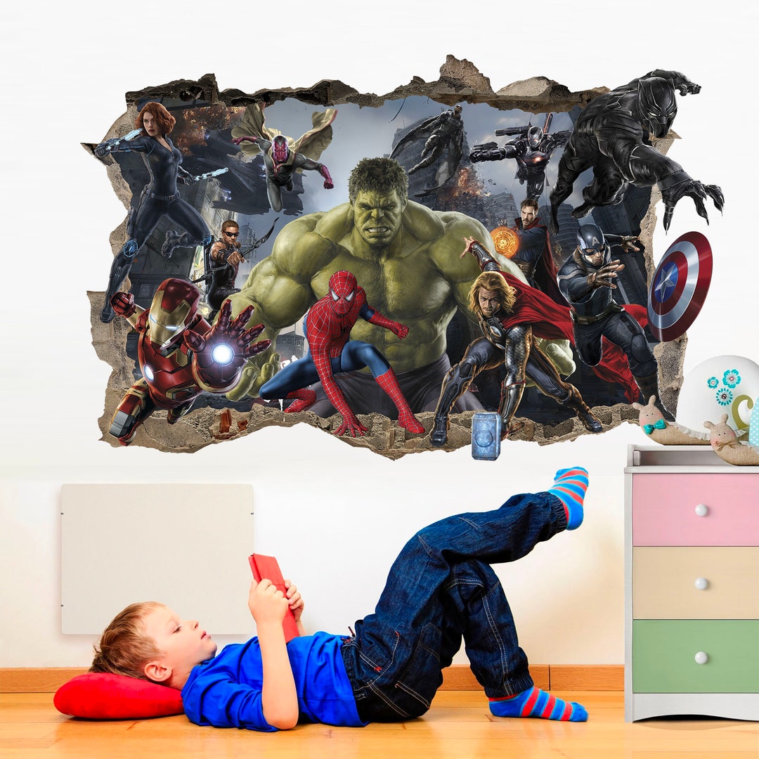 Hulk Leading Marvel Universe Superheroes Smashing Through Wall Decal ...