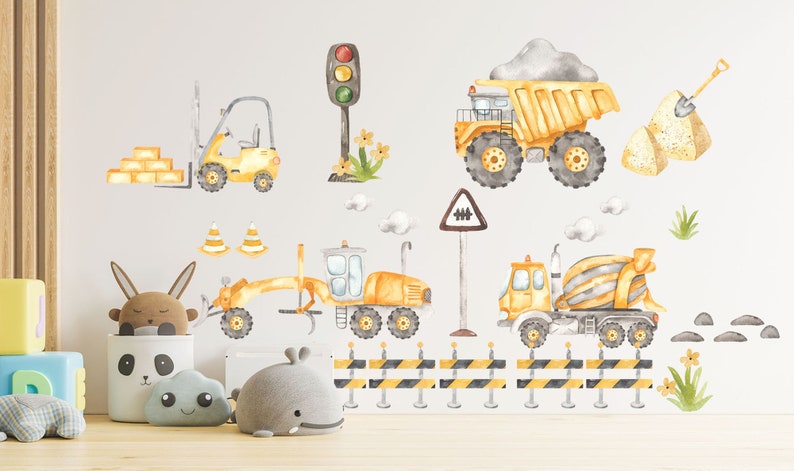 Yellow Construction Trucks Wall Decal – Watercolor Diggers, Tractors ...