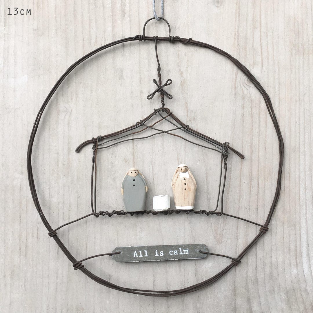 Christmas Large Rusty Wire Wreath With Nativity Scene 'all is Calm' - Etsy