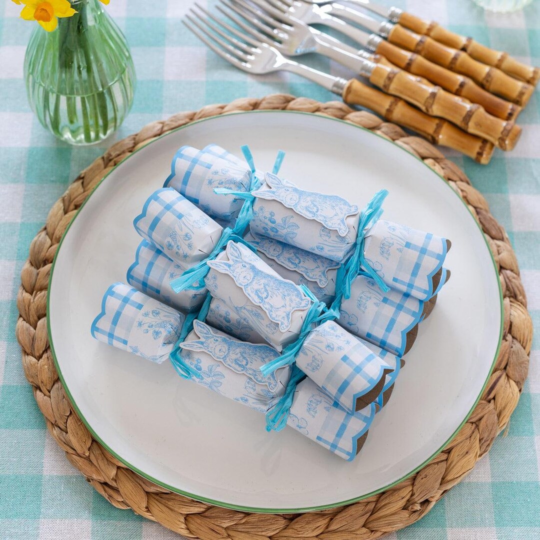 Blue and White Toile De Jouy Playful Bunny Easter 6" Mini Crackers (6 ...