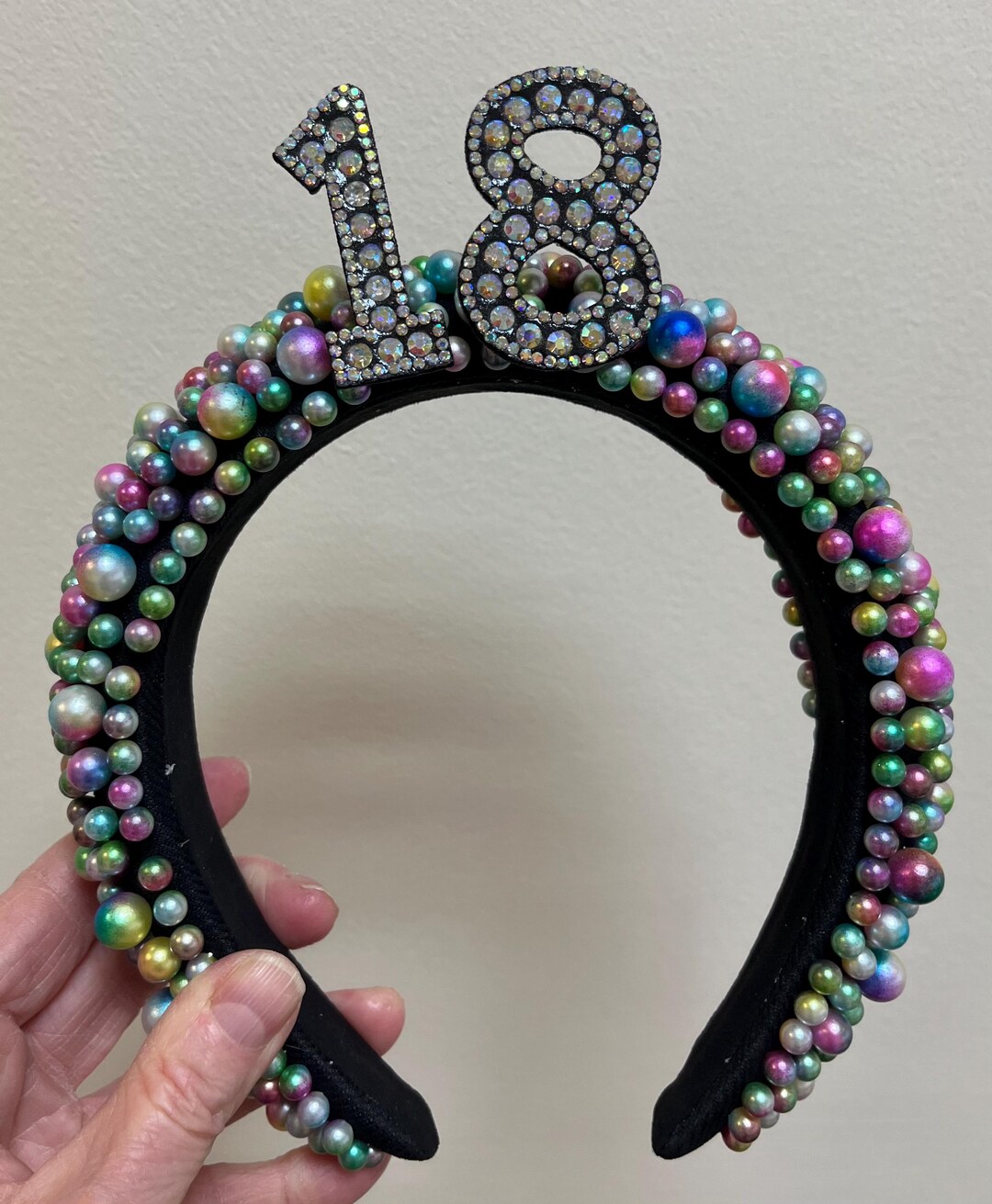 Personalised Rainbow Pearl Headband Any Age 18, 21, 30, 40, 50, 60, 70 ...