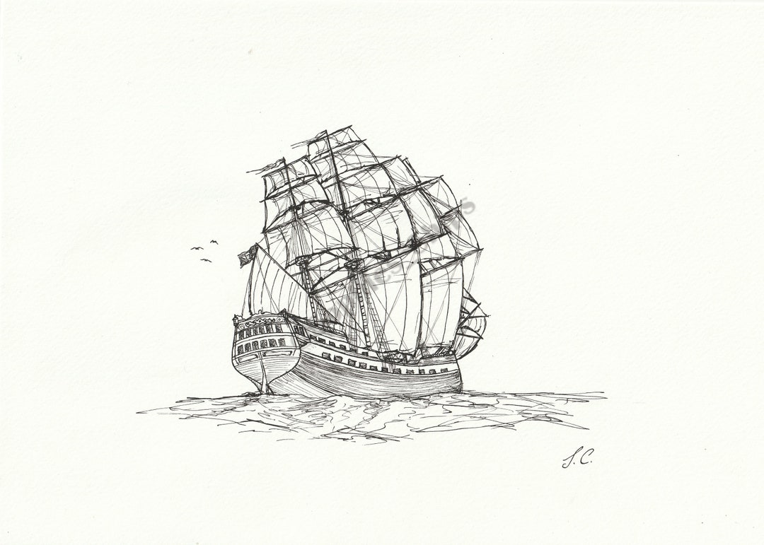 Pirate Ship Line Drawing Original Art - Etsy