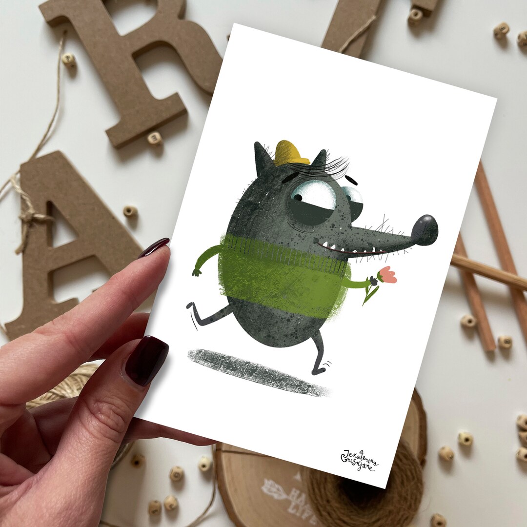 Wolf With Flower Postcard | Postcard, Greeting Card, Summer Postcard ...