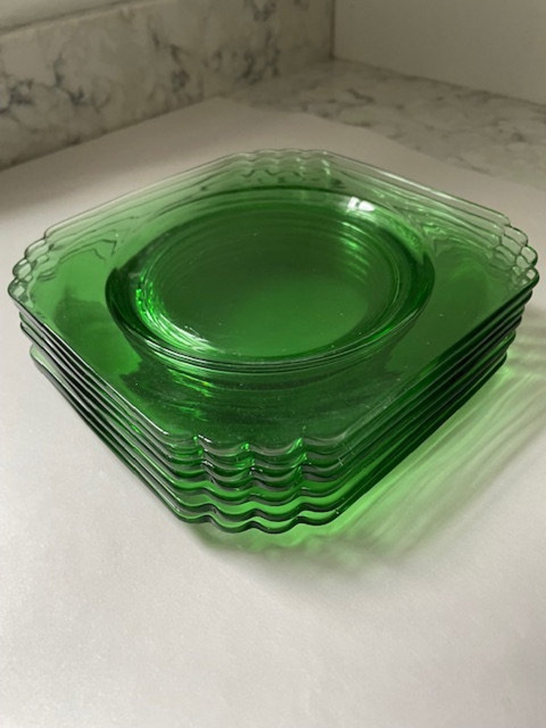 Green Uranium Glass Scalloped Edge Plates 7" (fostoria Mayfair) (lot of ...