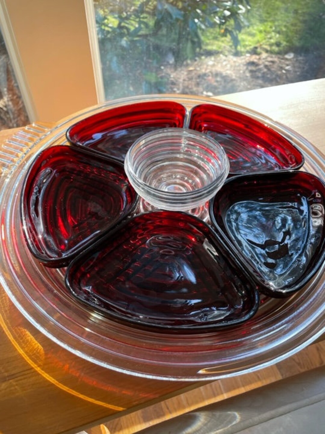 Depression Glass Relish Tray With Ruby Red Sectional Dishes ...