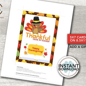 Teacher Thanks Gift Card Holder PRINTABLE Thanksgiving Card INSTANT ...