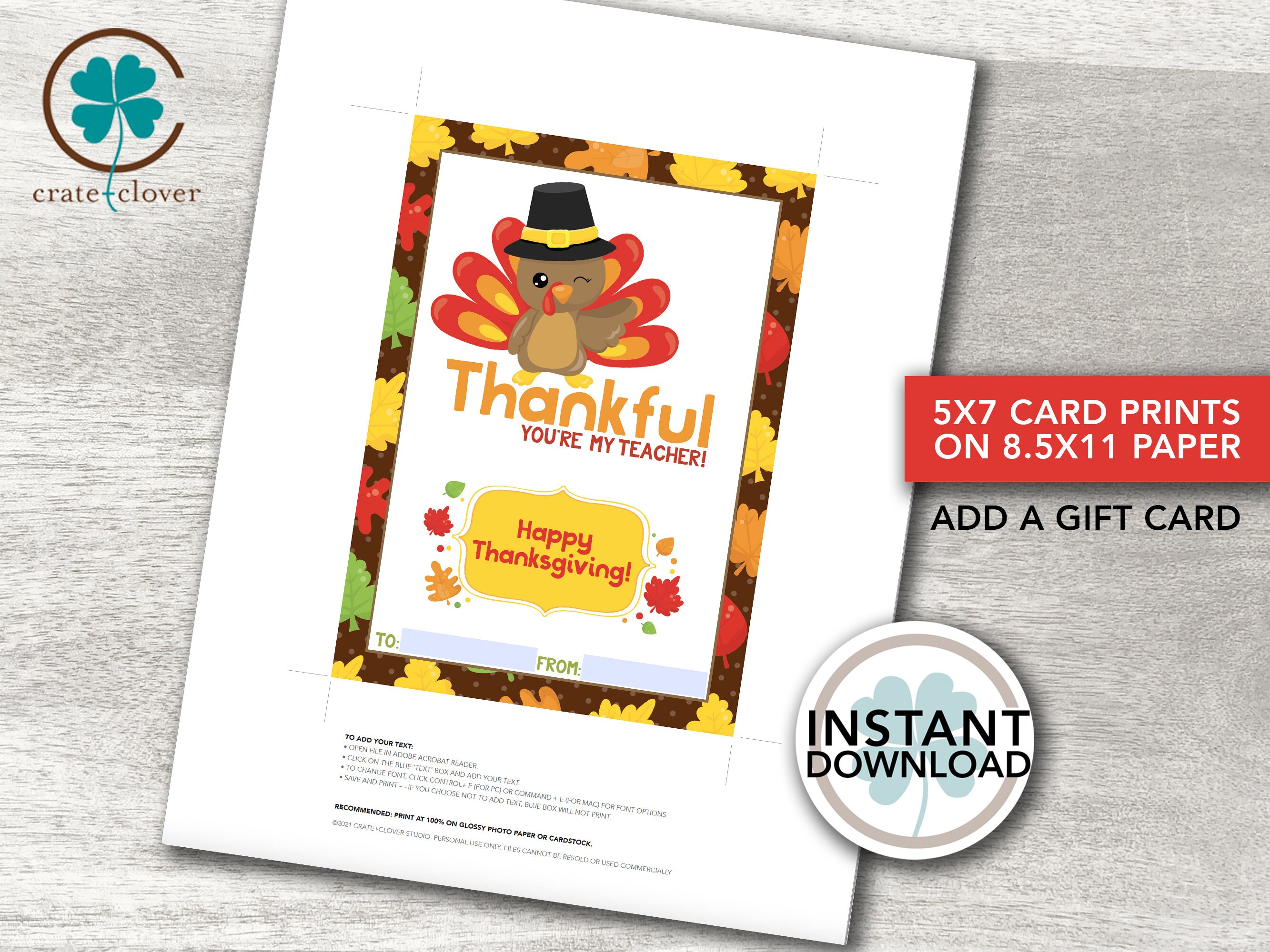 Teacher Thanks Gift Card Holder PRINTABLE Thanksgiving | Etsy