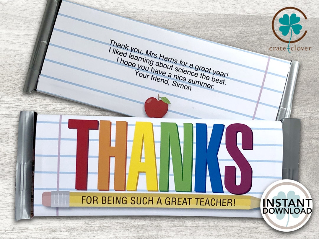 Thanks Wrapper Teacher Appreciation Gift Candy Bar Wrapper PRINTABLE ...