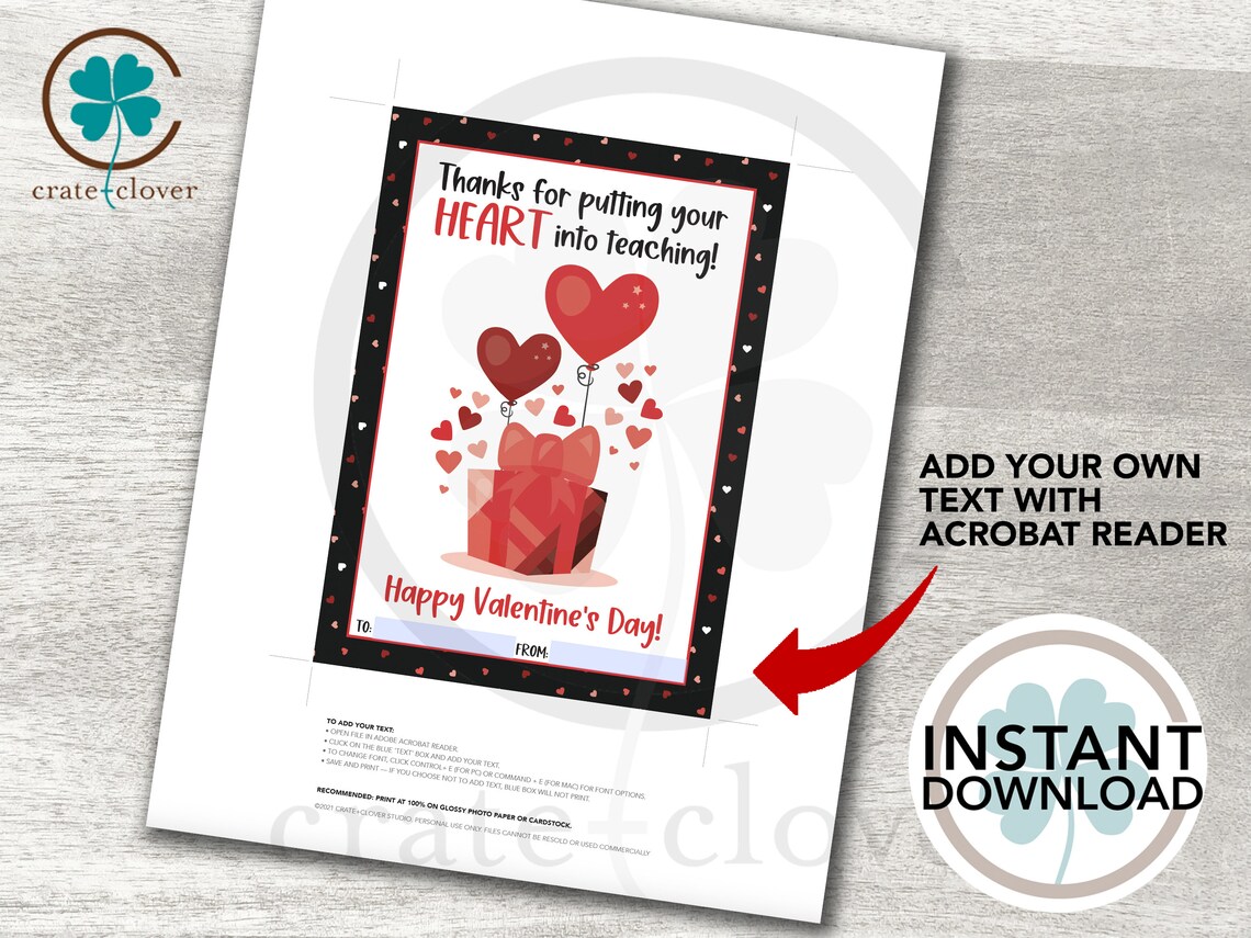 Teacher Valentine Gift Card Holder | PRINTABLE | Thank You Teacher ...