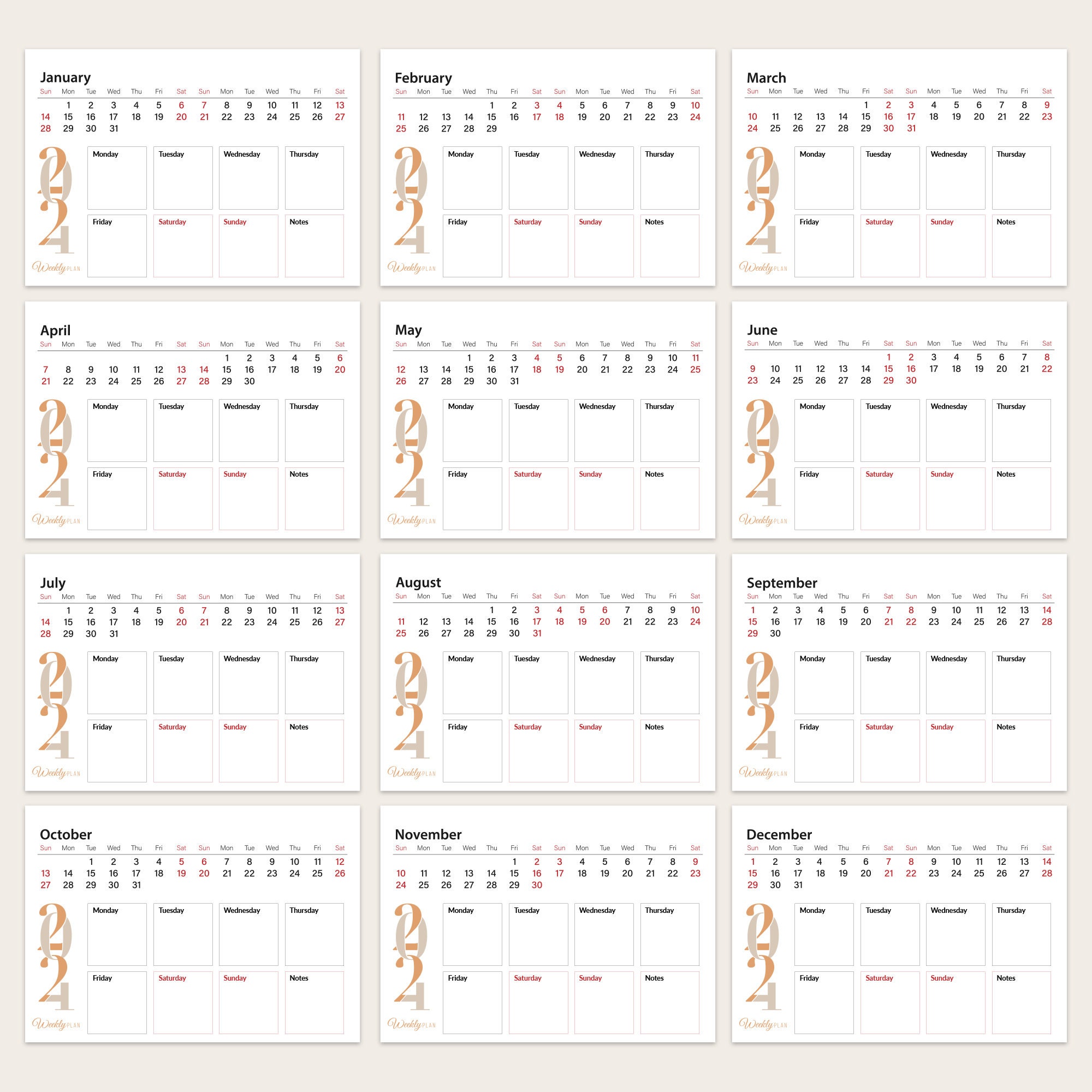 A3 A4 A5 Printable Calendar, 2024 Monthly Printable Planning Calendar ...