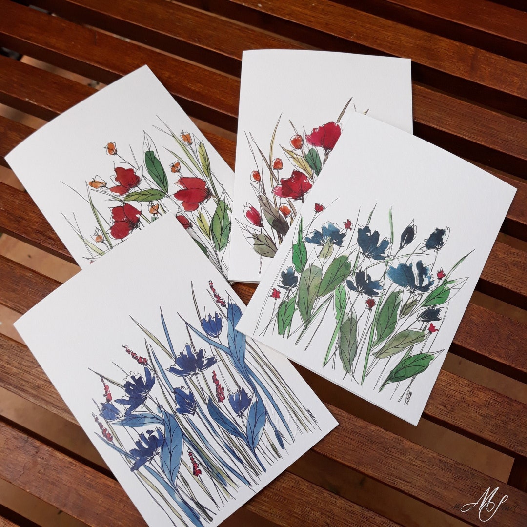 PACK 4 WATERCOLOR CARDS. Cards With Hand-painted Floral - Etsy