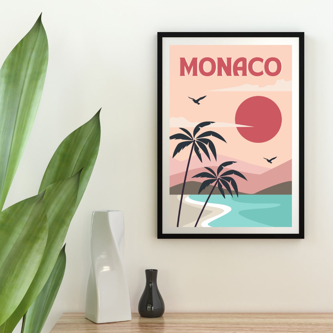 Monaco Retro Sunset Travel Poster - Vintage Beach Art Print - Etsy