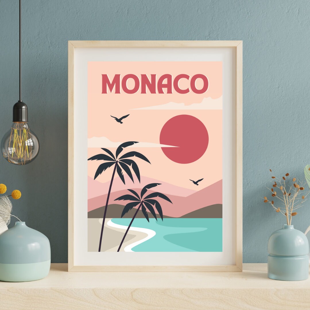 Monaco Retro Sunset Travel Poster - Vintage Beach Art Print - Etsy